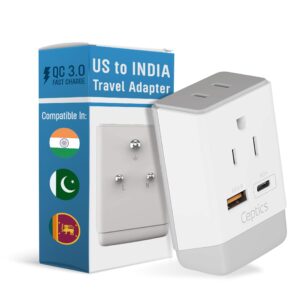 ceptics us to india plug adapter, type d plug adapter qc 3.0 & pd, safe dual usb & usb-c 18w, india plug adapter fast charging - powerful 2 usa sockets - use in pakistan nepal sri lanka - ap-10