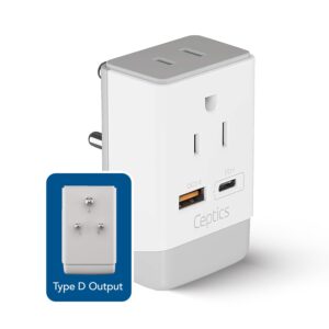 Ceptics US to India Plug Adapter, Type D Plug Adapter QC 3.0 & PD, Safe Dual USB & USB-C 18W, India Plug Adapter Fast Charging - Powerful 2 USA Sockets - Use in Pakistan Nepal Sri Lanka - AP-10