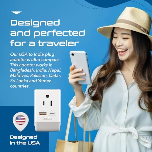 Ceptics US to India Plug Adapter, Type D Plug Adapter QC 3.0 & PD, Safe Dual USB & USB-C 18W, India Plug Adapter Fast Charging - Powerful 2 USA Sockets - Use in Pakistan Nepal Sri Lanka - AP-10