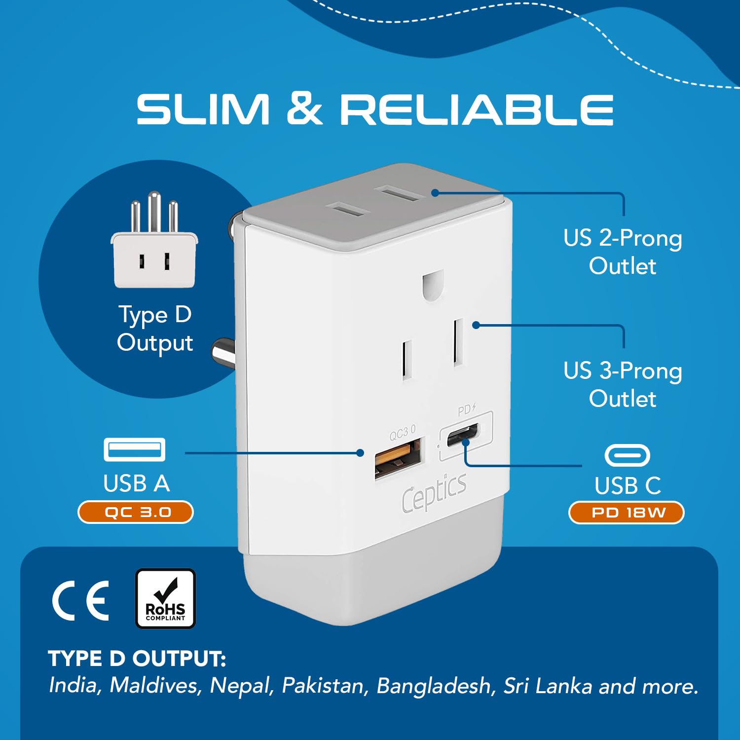 Ceptics US to India Plug Adapter, Type D Plug Adapter QC 3.0 & PD, Safe Dual USB & USB-C 18W, India Plug Adapter Fast Charging - Powerful 2 USA Sockets - Use in Pakistan Nepal Sri Lanka - AP-10