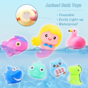 yoliyogo Animal Toy Bath Floating Toy with Auto Flashing Early Learning Toy Package with 8 Pcs Dinosaur Shark Flamingo Mermaid Etc Bathtub Shower Toy Gift for Kids&Pets