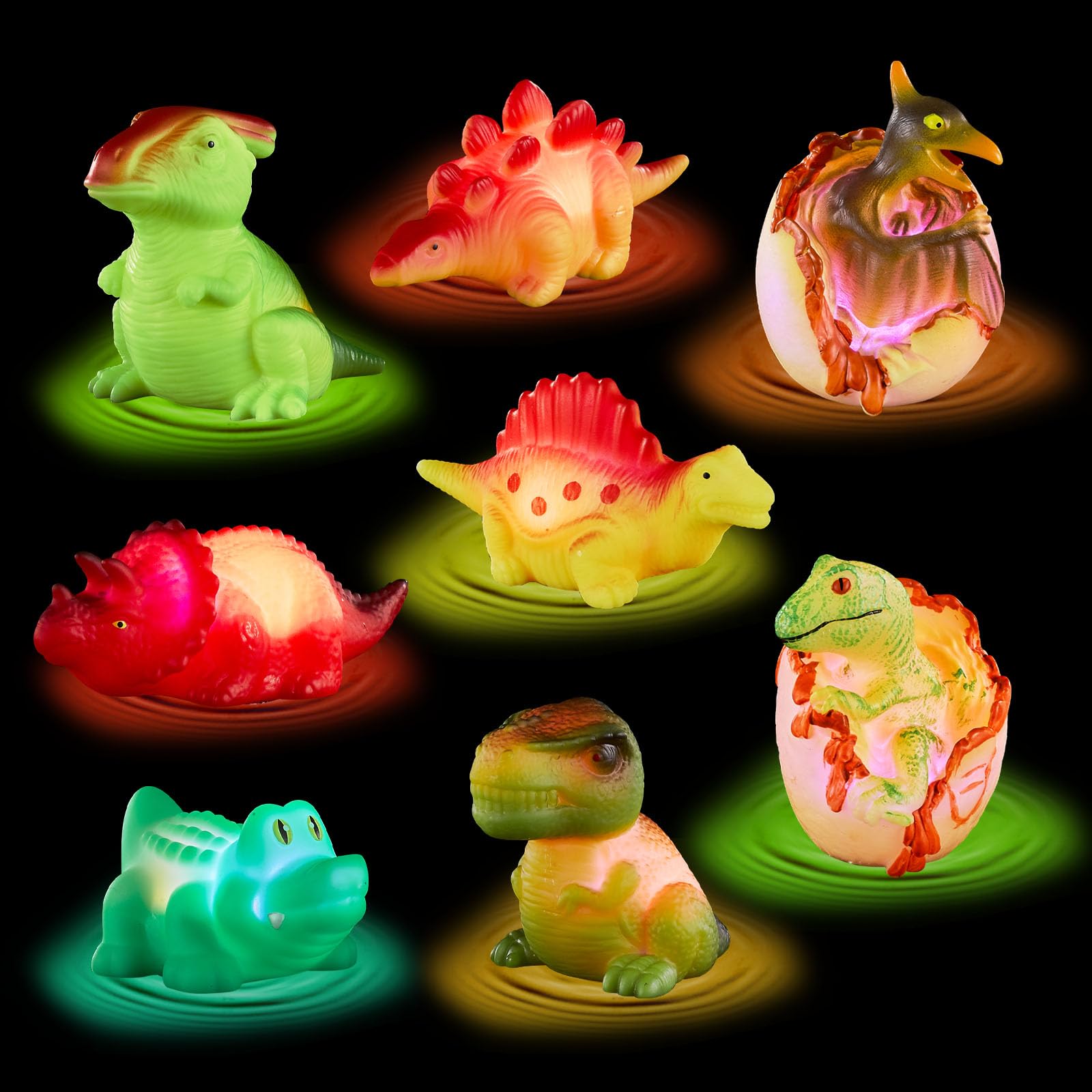 Dinosaur Toy Bath Floating Toy with Auto Flashing Early Learning Toy Dinosaur Theme Model 8 Pcs Bathtub Shower Toy Gift for Kids&Pets