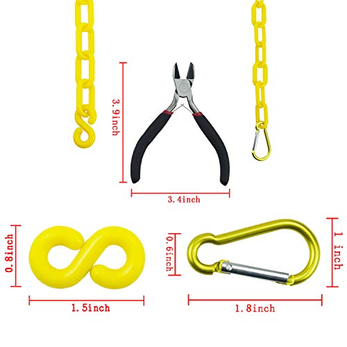 Reliabe1st 50 Feet Yellow Plastic Safety Barrier Chain with 12 S-Hooks and 12 Carabiner Clips and 2 Cone Chain Connector Kits | Caution Security Chain Safety Chain for Crowd Control, Construction Sit