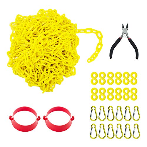 Reliabe1st 50 Feet Yellow Plastic Safety Barrier Chain with 12 S-Hooks and 12 Carabiner Clips and 2 Cone Chain Connector Kits | Caution Security Chain Safety Chain for Crowd Control, Construction Sit