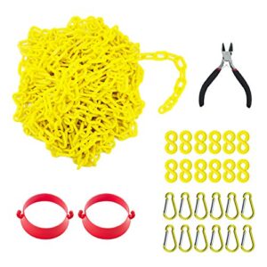 reliabe1st 50 feet yellow plastic safety barrier chain with 12 s-hooks and 12 carabiner clips and 2 cone chain connector kits | caution security chain safety chain for crowd control, construction sit