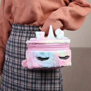 Newfancy Women Girls Kids Fluffy Faux Fur Unicorn Makeup Bag Small Cosmetic Organizer Plush Travel Storage Bags Toiletry Kit Case