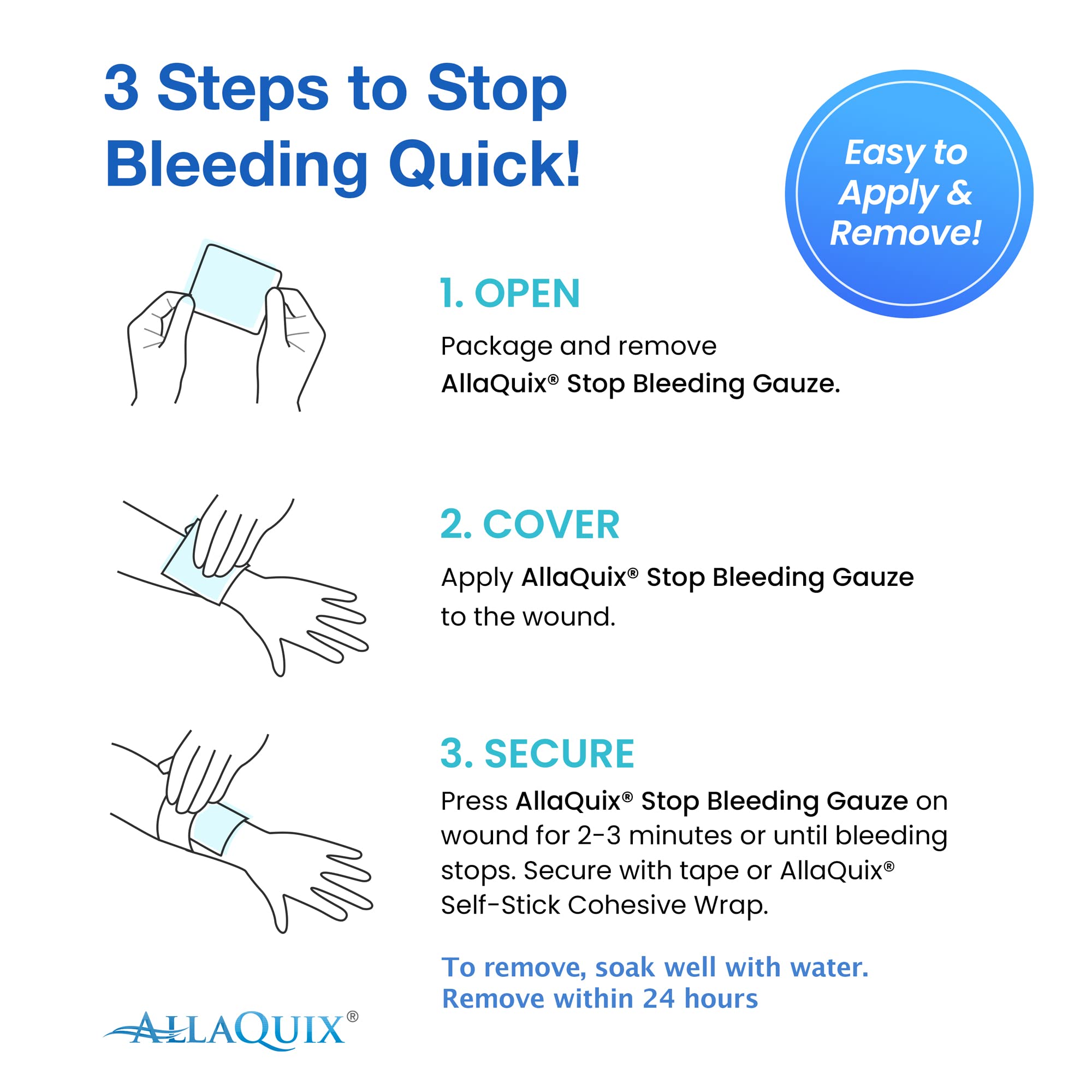 AllaQuix High Performance Stop Bleeding Gauze - X-Large (4"x4"Square) - (3-Pack) Professional-Grade First-Aid Hemostatic Gauze (Blood Clotting Bandage)