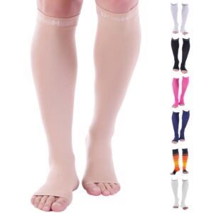 doc miller open toe compression socks for women 8-15 mmhg compression socks for men & women support circulation, shin splints, varicose veins recovery, 1 pair of knee high socks skin color large size