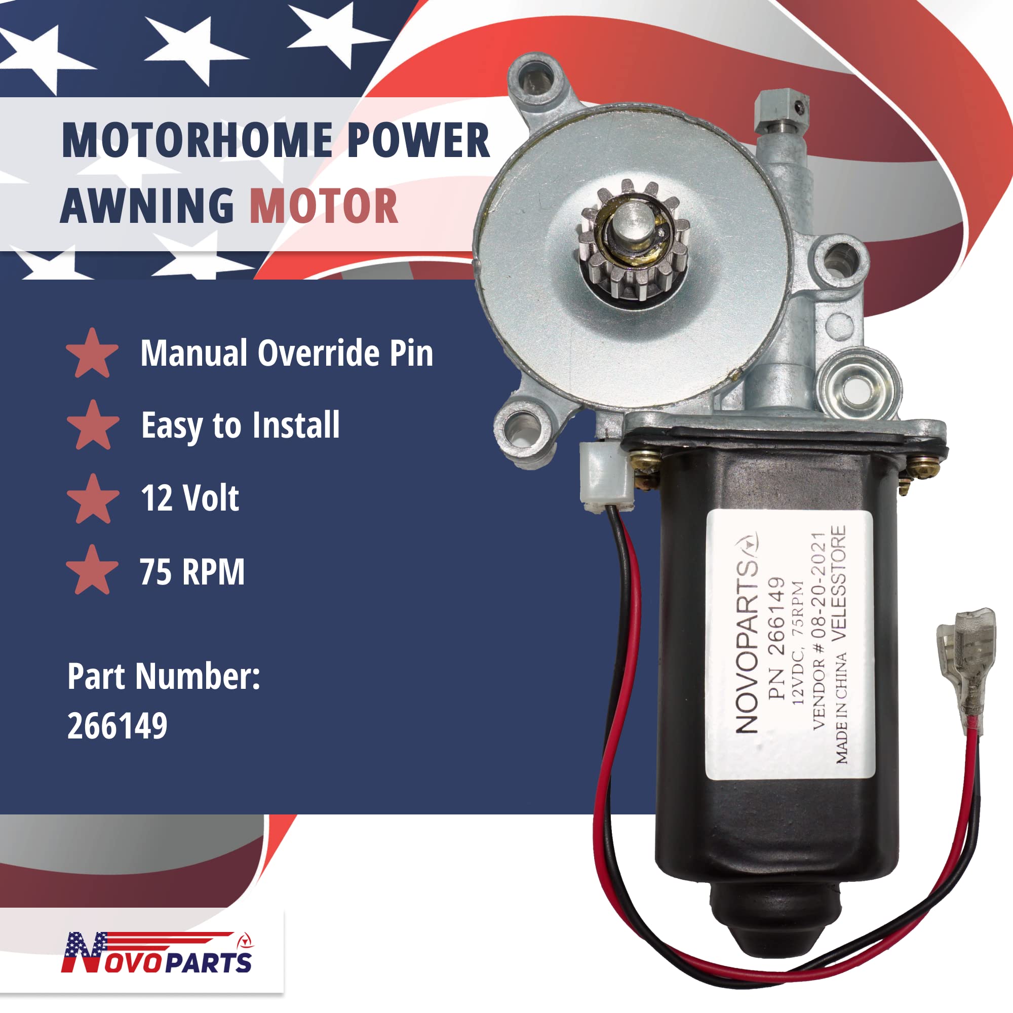 NOVOPARTS 266149 RV Power Awning Replacement Universal Motor 75-RPM and 12V