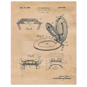 vintage toilet seat patent prints, 1 (11x14) unframed photos, wall art decor gifts for home office studio garage shop lounge bar salon school college student teacher coach bath powder room humor fans