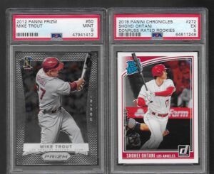 mint rare mike trout panini prizm #50 & shohei ohtani panini chronicles #272 2 card rookie lot graded psa mint 9 angels mvp superstars players