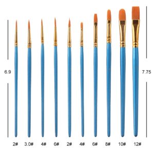 Elisel Paint Brush Set, 10 pcs Nylon Hair Art Paint Brushes for Acrylic Painting for Acrylic Oil Watercolor, Face Nail Art, Miniature Detailing and Rock Painting (Blue)