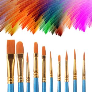 Elisel Paint Brush Set, 10 pcs Nylon Hair Art Paint Brushes for Acrylic Painting for Acrylic Oil Watercolor, Face Nail Art, Miniature Detailing and Rock Painting (Blue)