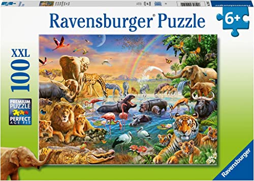 Ravensburger 12910 Savannah Jungle Waterhole 100 Piece Puzzle for Kids - Every Piece is Unique, Pieces Fit Together Perfectly