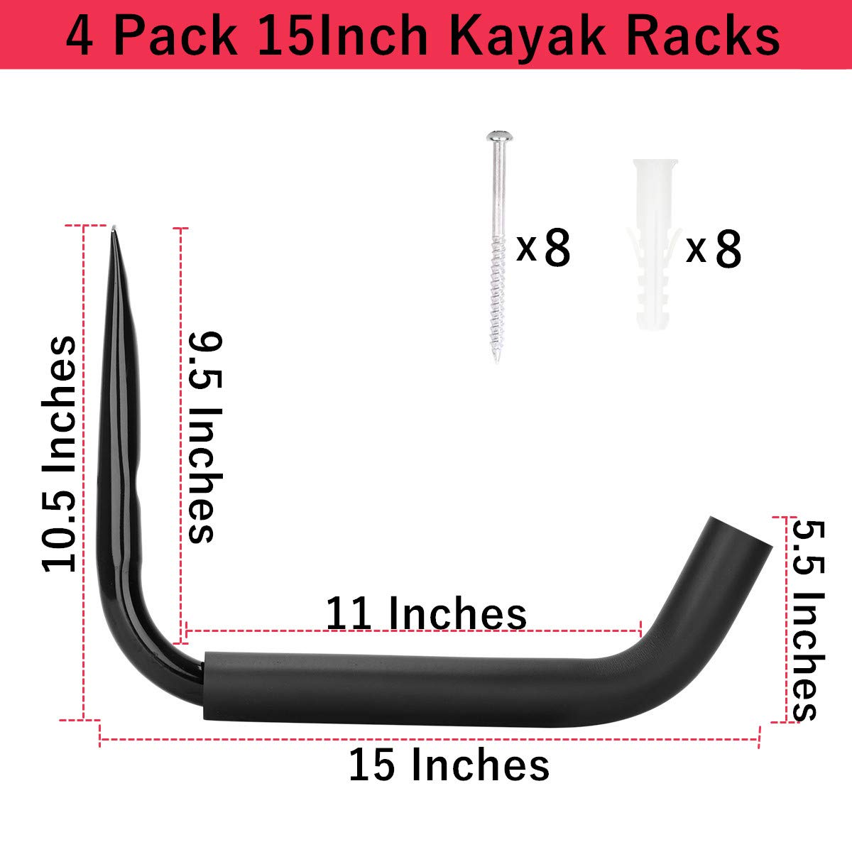 Vahodegn Kayak Steel Storage Rack, 4 Pack Canoe Wall Mount Hooks, 15Inches Snowboard Hanger, 100 LB Capacity