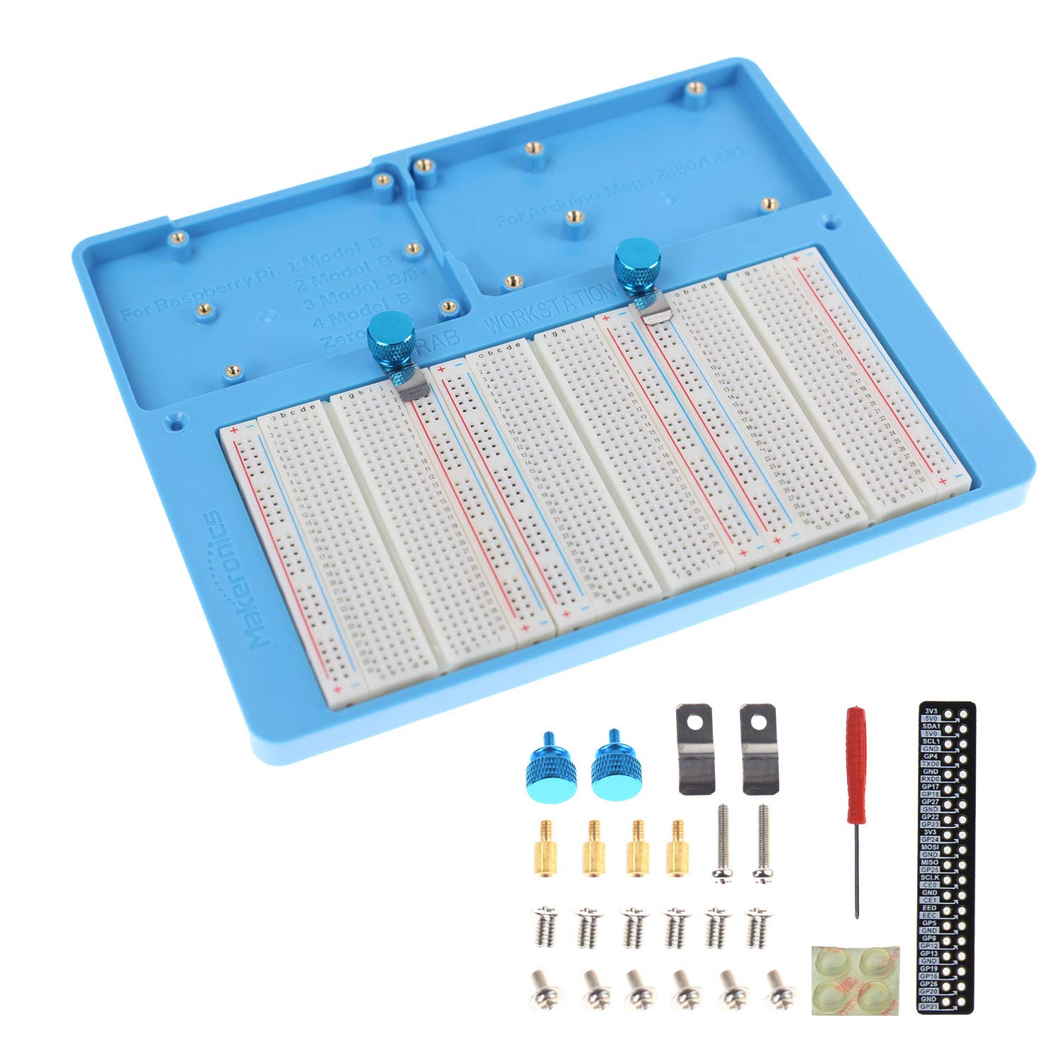 Makeronics 7 in 1 Blue RAB Holder and 3PCS 400 Points Solderless Breadboard | Base Plate with Rubber Feet for Raspberry Pi 4 Model B|3B+/B|2B+/B|Zero |Zero W and Arduino Mega 2560 | Uno R3