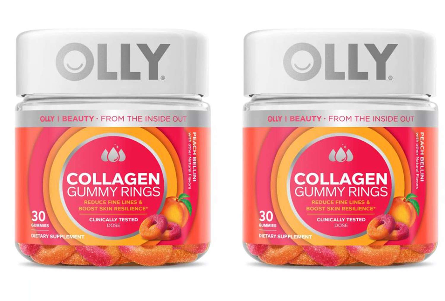 OLLY Collagen Gummy Rings! 30 Gummies Peach Peach Bellini Flavor! Formulated with Bioactive Collagen Peptides! Reduce Fine Lines and Boost Skin Resilience! Choose Your Pack! (2 Pack)