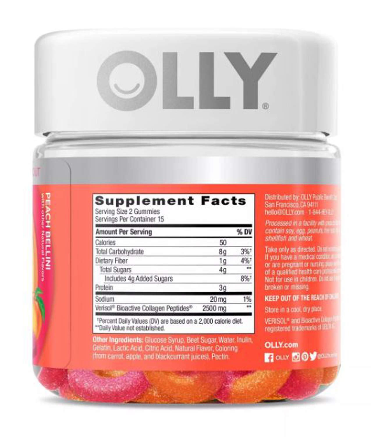 OLLY Collagen Gummy Rings! 30 Gummies Peach Peach Bellini Flavor! Formulated with Bioactive Collagen Peptides! Reduce Fine Lines and Boost Skin Resilience! Choose Your Pack! (2 Pack)