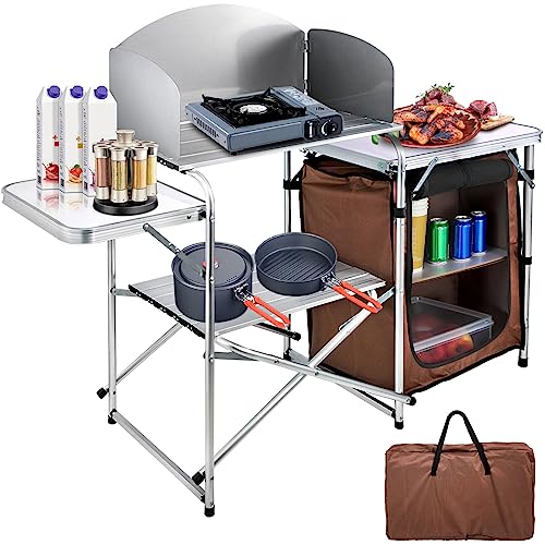 VEVOR Camping Kitchen Table, Aluminum Portable Folding Camp Cook Station with Windscreen, Cupboard, Storage Organizer, Carrying Bag, Quick Installation for Outdoor Picnic Beach BBQ RV Traveling, Brown