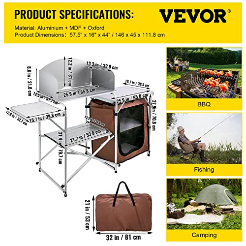 VEVOR Camping Kitchen Table, Aluminum Portable Folding Camp Cook Station with Windscreen, Cupboard, Storage Organizer, Carrying Bag, Quick Installation for Outdoor Picnic Beach BBQ RV Traveling, Brown