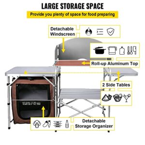 VEVOR Camping Kitchen Table, Aluminum Portable Folding Camp Cook Station with Windscreen, Cupboard, Storage Organizer, Carrying Bag, Quick Installation for Outdoor Picnic Beach BBQ RV Traveling, Brown