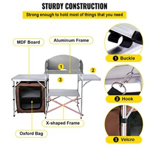 VEVOR Camping Kitchen Table, Aluminum Portable Folding Camp Cook Station with Windscreen, Cupboard, Storage Organizer, Carrying Bag, Quick Installation for Outdoor Picnic Beach BBQ RV Traveling, Brown