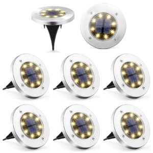 solpex solar ground lights, 8 led solar powered disk lights outdoor waterproof garden landscape lighting for yard deck lawn patio pathway walkway (8 pack, warm white)