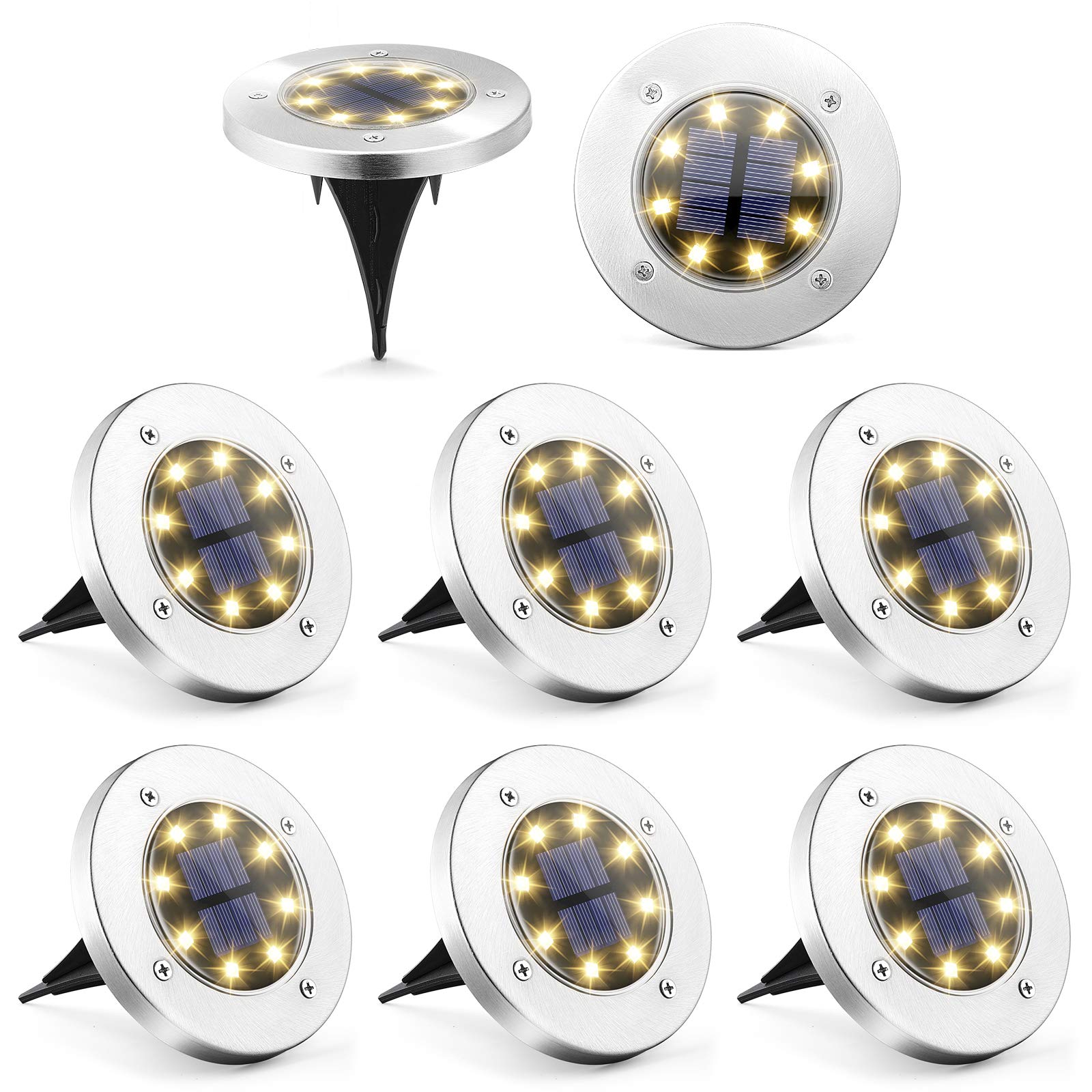 SOLPEX Solar Ground Lights, 8 LED Solar Powered Disk Lights Outdoor Waterproof Garden Landscape Lighting for Yard Deck Lawn Patio Pathway Walkway (8 Pack, Warm White)