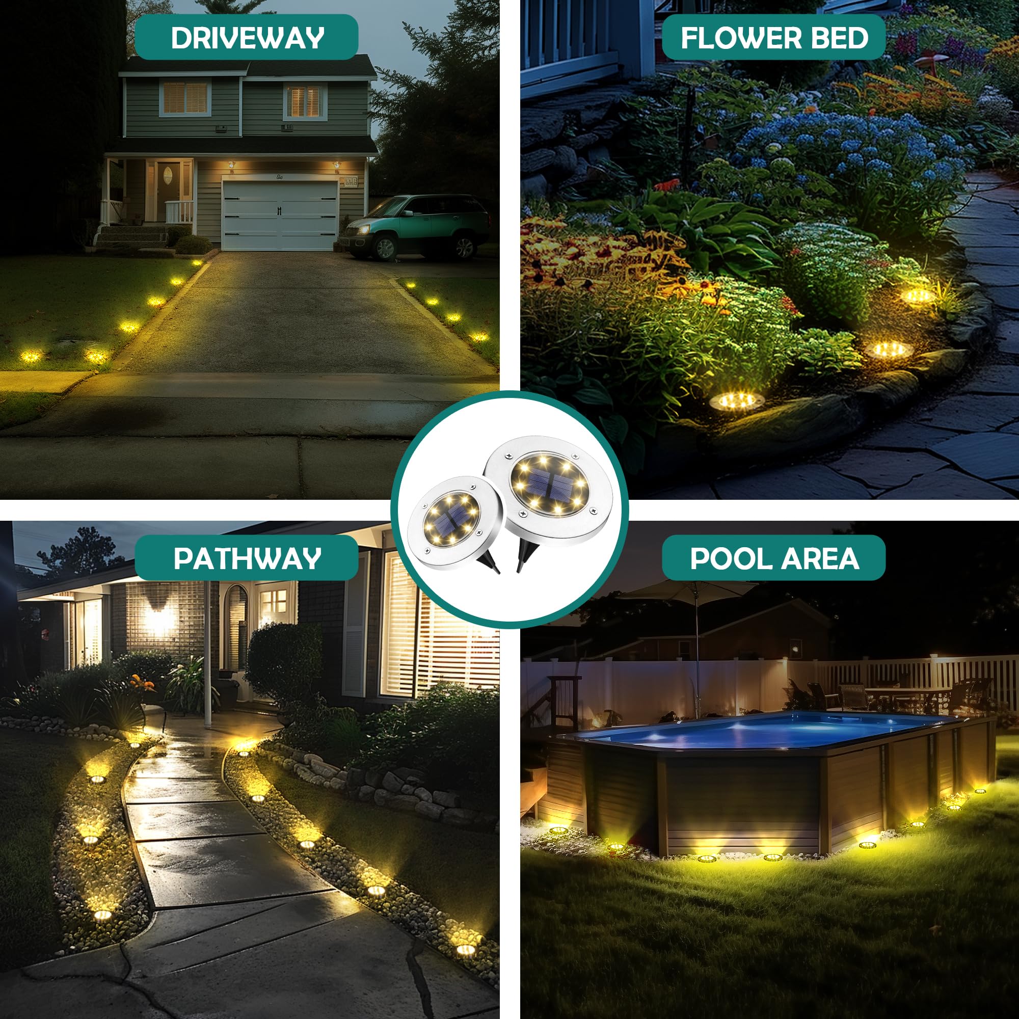 SOLPEX Solar Ground Lights, 8 LED Solar Powered Disk Lights Outdoor Waterproof Garden Landscape Lighting for Yard Deck Lawn Patio Pathway Walkway (8 Pack, Warm White)