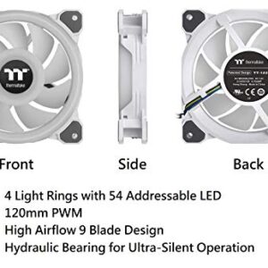 Thermaltake Riing Quad 120mm 16.8 Million RGB Color (Alexa, Razer Chroma) Software Enabled 4 Light Rings 54 Addressable LED 9 Blades Hydraulic Bearing White Case/Radiator Fan, 3 Pack, CL-F100-PL12SW-B