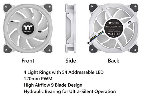 Thermaltake Riing Quad 120mm 16.8 Million RGB Color (Alexa, Razer Chroma) Software Enabled 4 Light Rings 54 Addressable LED 9 Blades Hydraulic Bearing White Case/Radiator Fan, 3 Pack, CL-F100-PL12SW-B