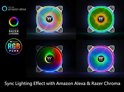 Thermaltake Riing Quad 120mm 16.8 Million RGB Color (Alexa, Razer Chroma) Software Enabled 4 Light Rings 54 Addressable LED 9 Blades Hydraulic Bearing White Case/Radiator Fan, 3 Pack, CL-F100-PL12SW-B