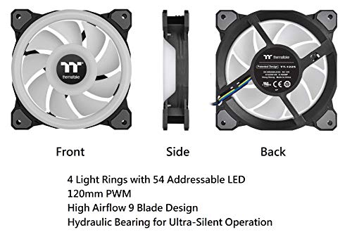 Thermaltake Riing Quad 120mm 16.8 Million RGB Color (Alexa, Razer Chroma) Software Enabled 4 Light Rings 54 Addressable LED 9 Blades Hydraulic Bearing Case/Radiator Fan CL-F088-PL12SW-B, Black