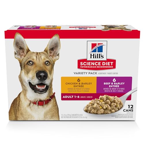 Hill's Science Diet Adult 1-6, Adult 1-6 Premium Nutrition, Wet Dog Food, Variety Case: Chicken & Barley; Beef & Barley Loaf, 13 oz Can Variety Case, Case of 12