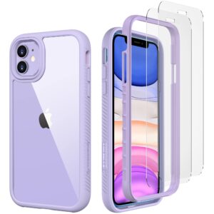 cellever clear full body case for iphone 11, heavy duty protection with anti-slip tpu bumper and [2 tempered 9h glass screen protectors] shockproof transparent phone cover 6.1 inch (light purple)