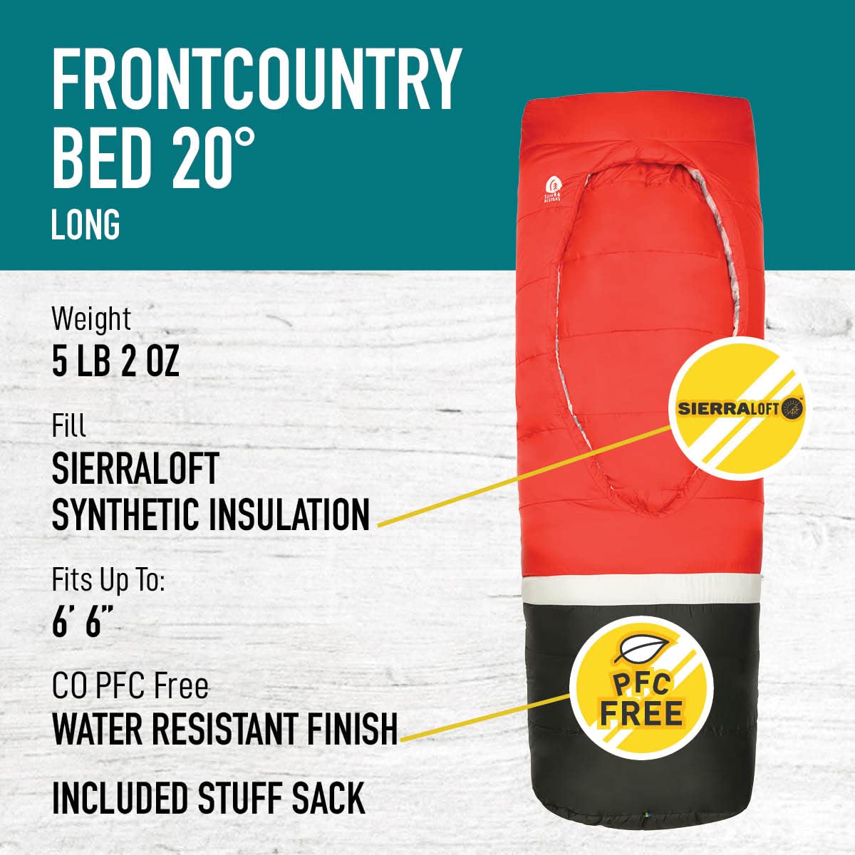 Sierra Designs Frontcountry Bed: Zipperless 20 Degree Synthetic Sleeping Bag, Long Red/Black