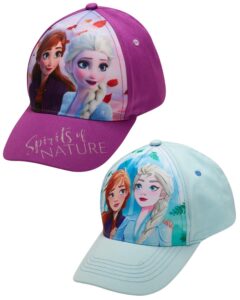 disney girls' frozen baseball cap - 2 pack princess elsa and anna curved brim strap back hat (2t-7), size 4-7 years, frozen spirit 2 pack