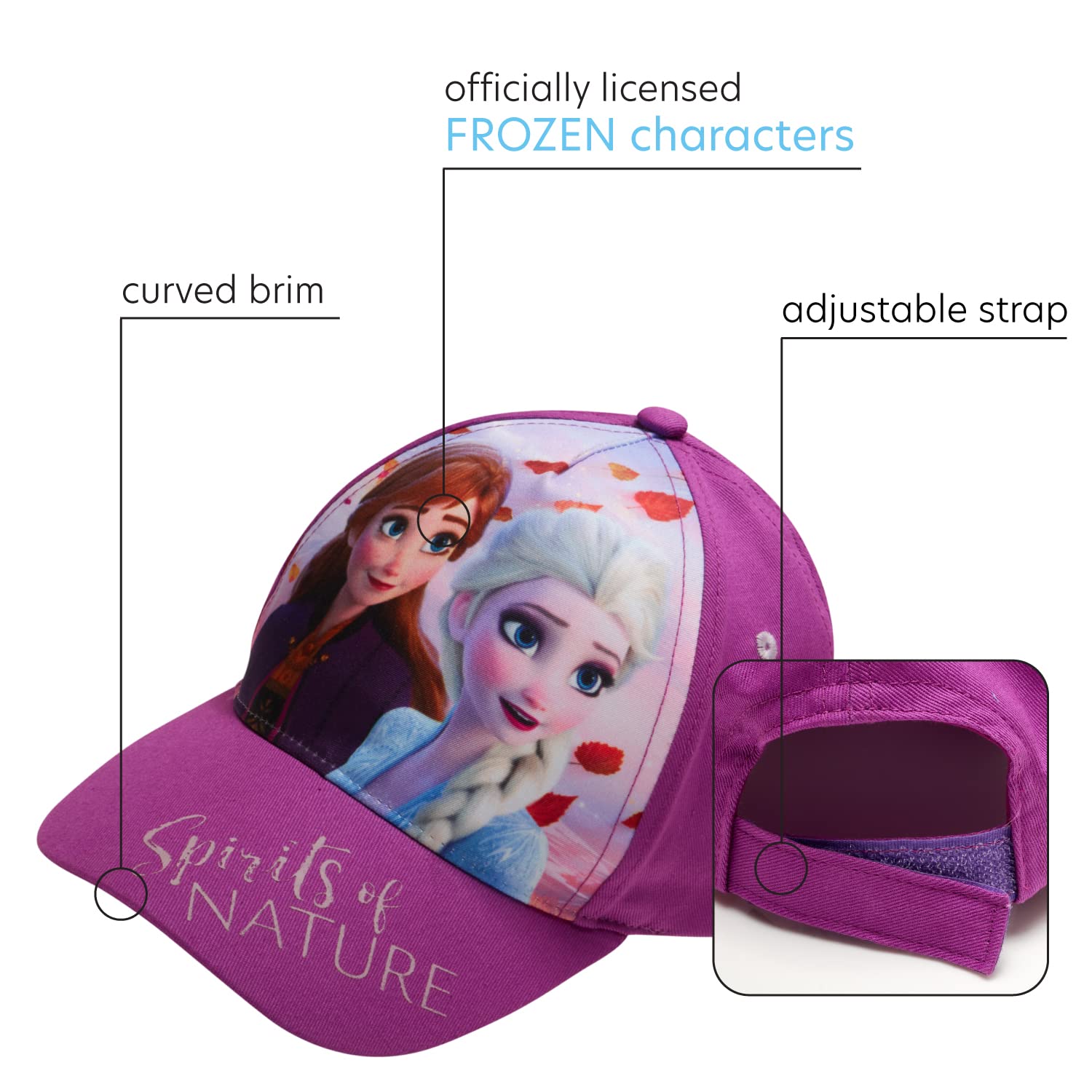 Disney Girls' Frozen Baseball Cap - 2 Pack Princess Elsa and Anna Curved Brim Strap Back Hat (2T-7), Size 4-7 Years, Frozen Spirit 2 Pack