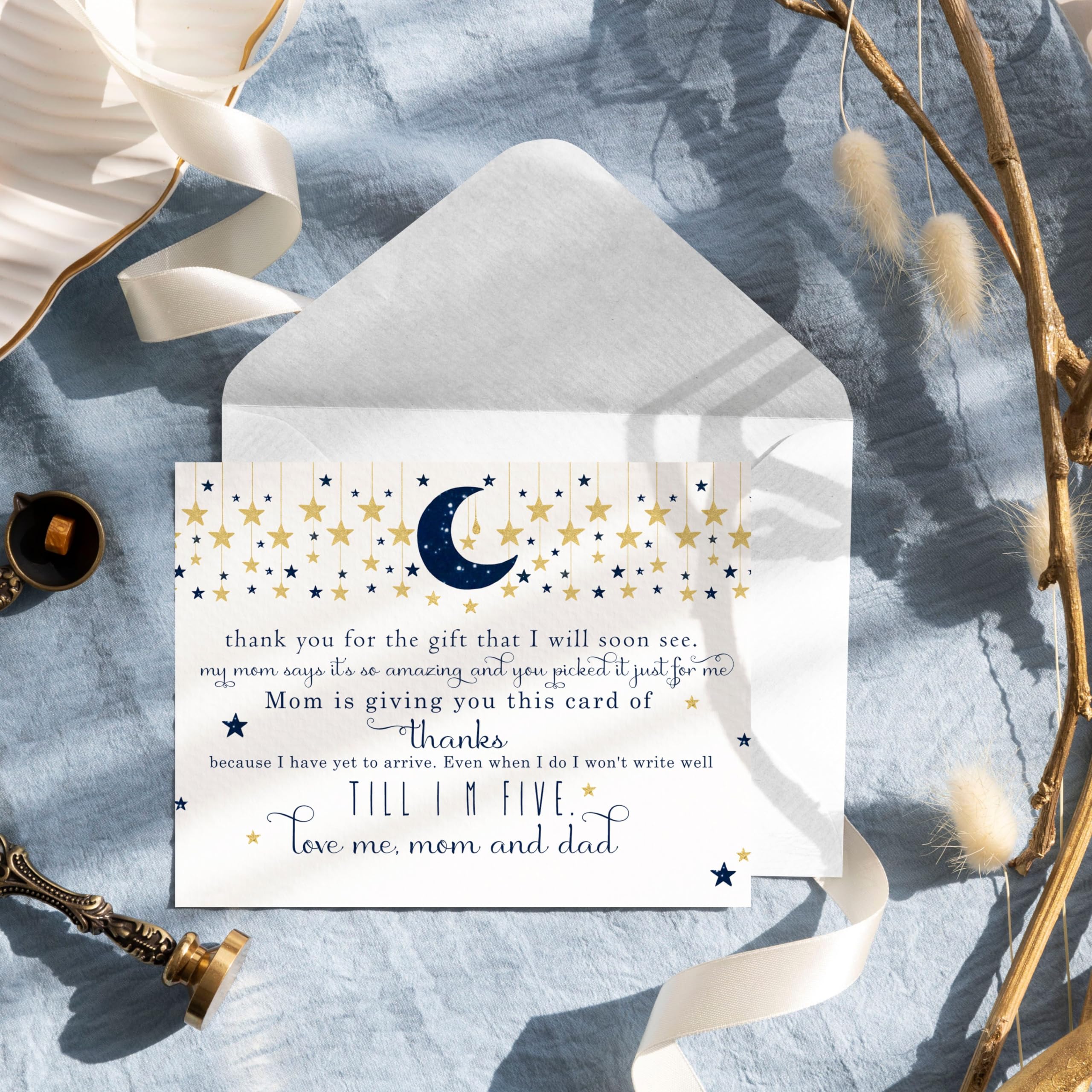 25 Twinkle Little Star Baby Thank You Cards Pack – Boys Baby Shower Notes with Envelopes Set, Prefilled Message, Customizable Personalize Blank Stationery Blue and Gold, New Parents Gift Ideas