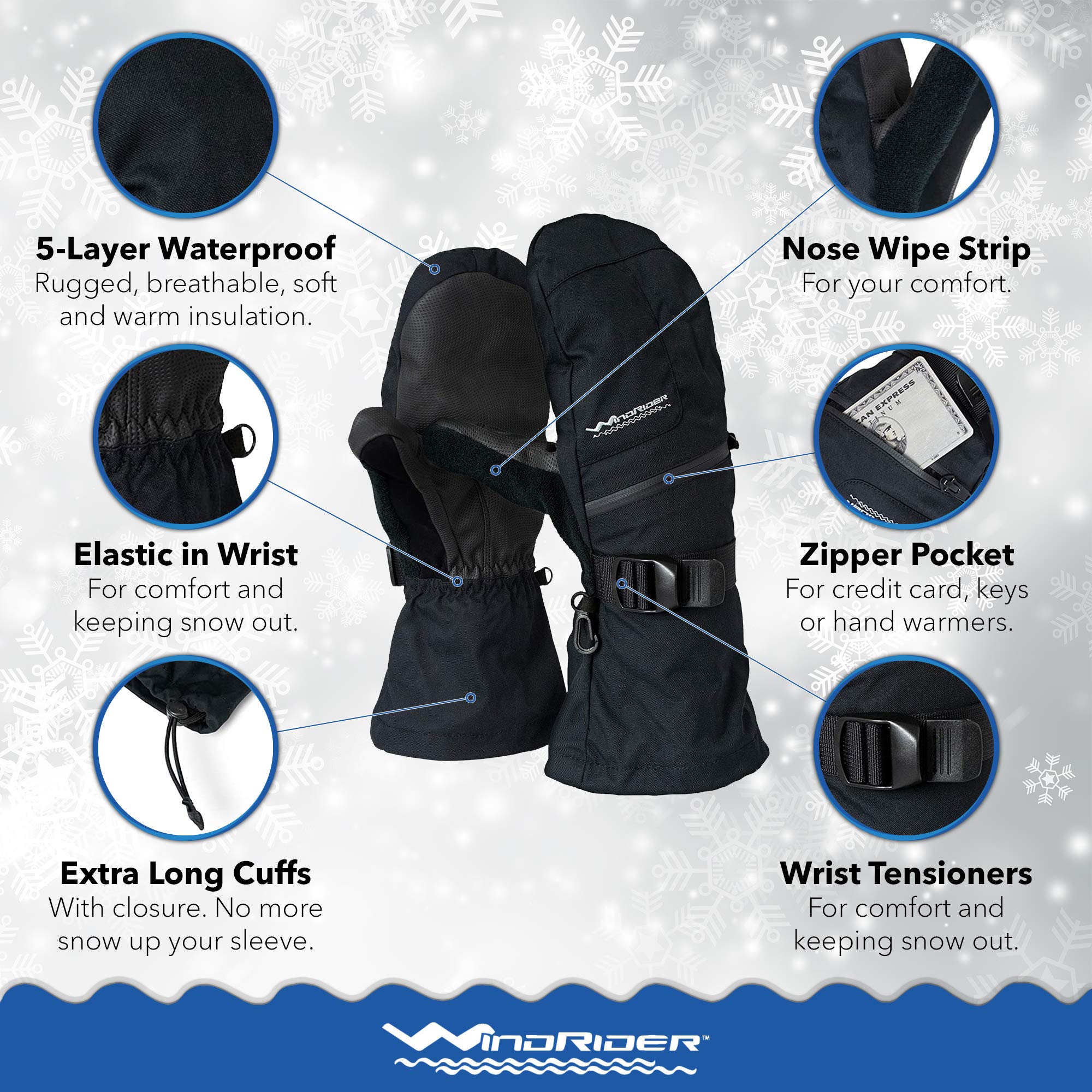 Rugged Waterproof Winter Mittens | Extra Long Gauntlets | Snowboard, Ski, Ice Fishing, Mittens | Medium Weight (XS)