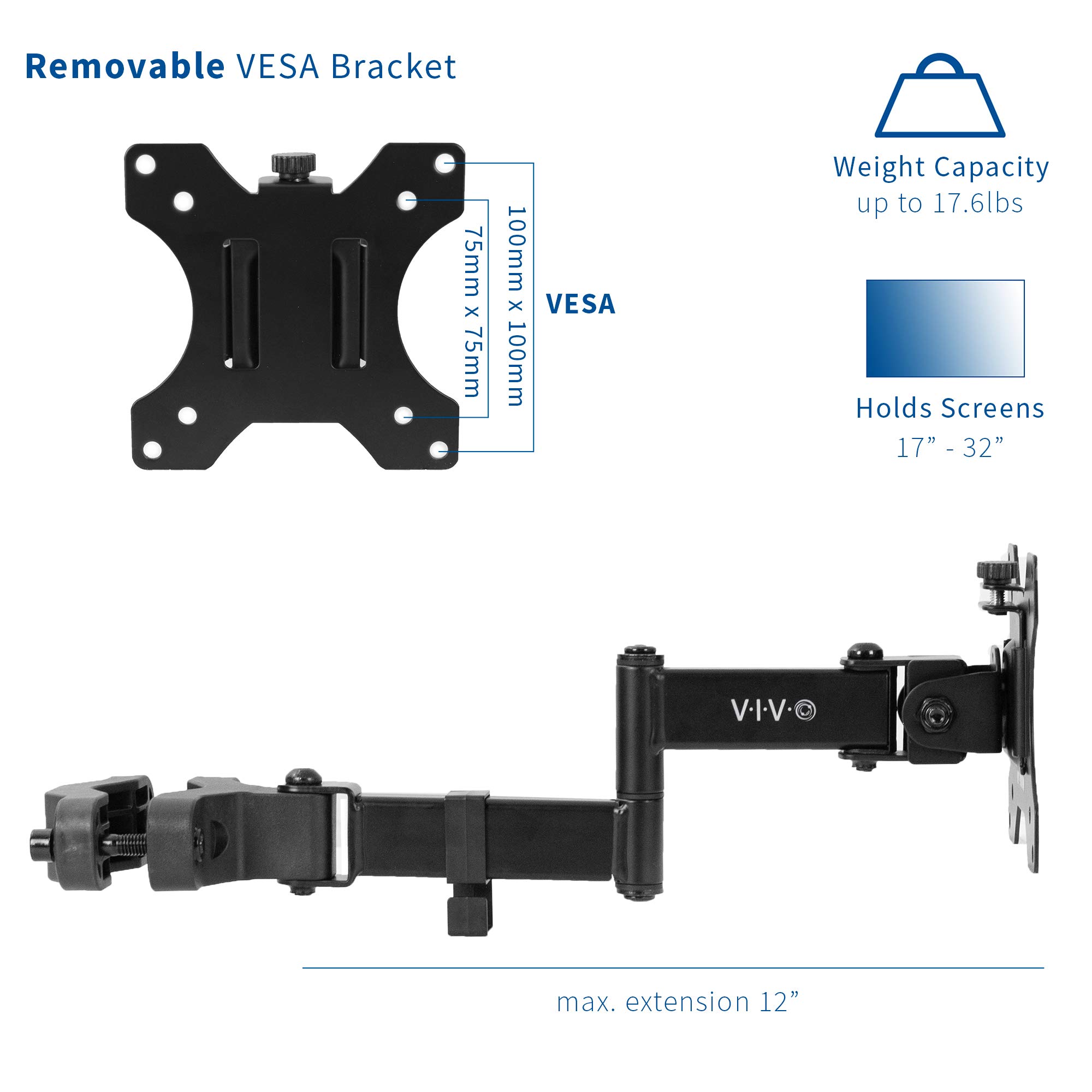 VIVO Steel Universal Full Motion Pole Mount Monitor Arm with Removable 75mm and 100mm VESA Plate, Fits 17 to 32 inch Screens, Black, MOUNT-POLE01A