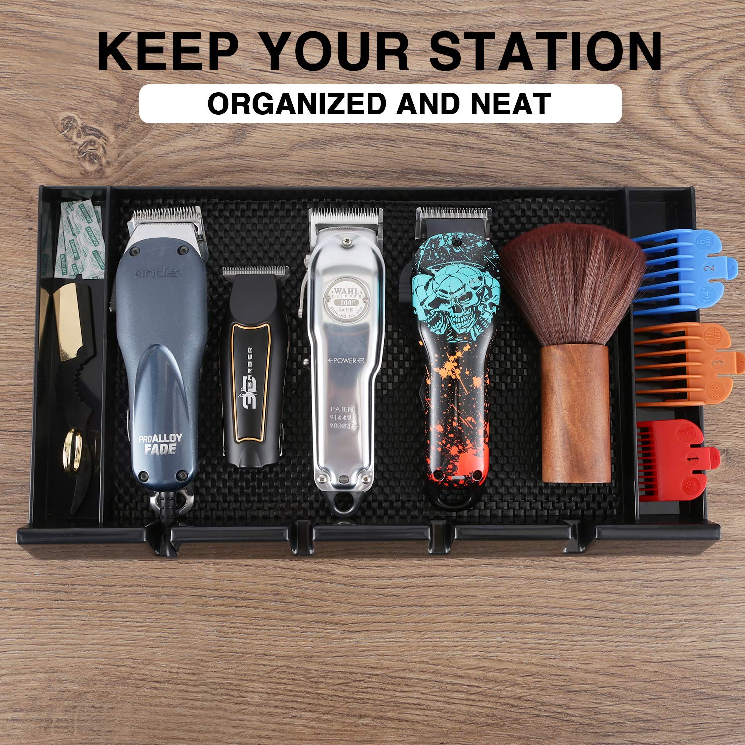 Barber Clipper Tray, Salon Anti-slip Clippers Organizer,Razor Case with 4 Notches Professional Hair Trimmer Holder Hairdresser Stylists Barber Tools Box (Black)