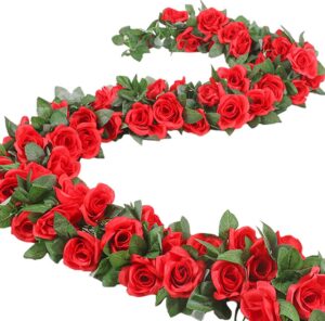 zwyoqi 16 ft fake rose vine garland artificial flowers plants hanging rose ivy home hotel office wedding party garden décor (red/2pcs)