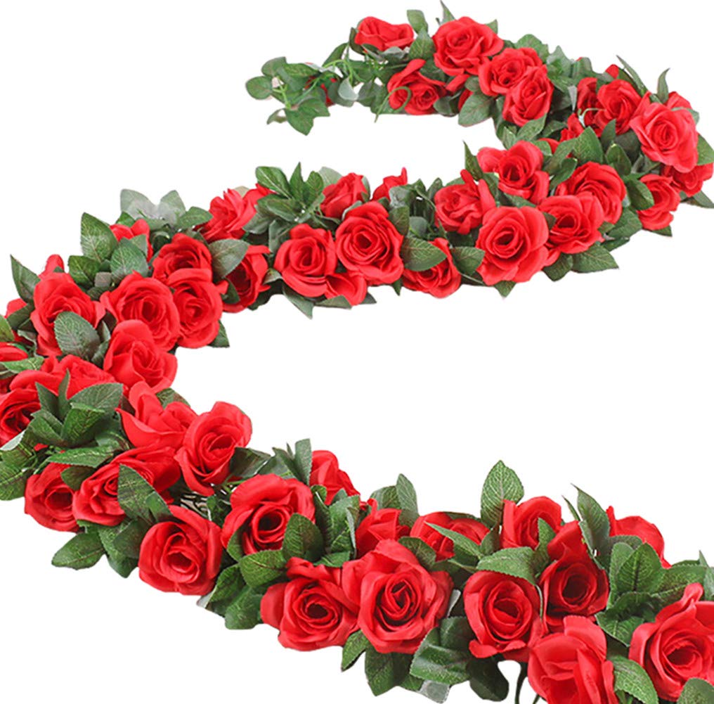 ZWYOQI 16 FT Fake Rose Vine Garland Artificial Flowers Plants Hanging Rose Ivy Home Hotel Office Wedding Party Garden Décor (Red/2PCS)