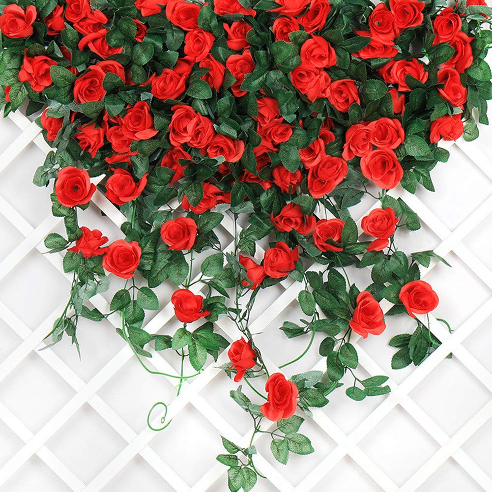 ZWYOQI 16 FT Fake Rose Vine Garland Artificial Flowers Plants Hanging Rose Ivy Home Hotel Office Wedding Party Garden Décor (Red/2PCS)