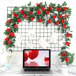 ZWYOQI 16 FT Fake Rose Vine Garland Artificial Flowers Plants Hanging Rose Ivy Home Hotel Office Wedding Party Garden Décor (Red/2PCS)