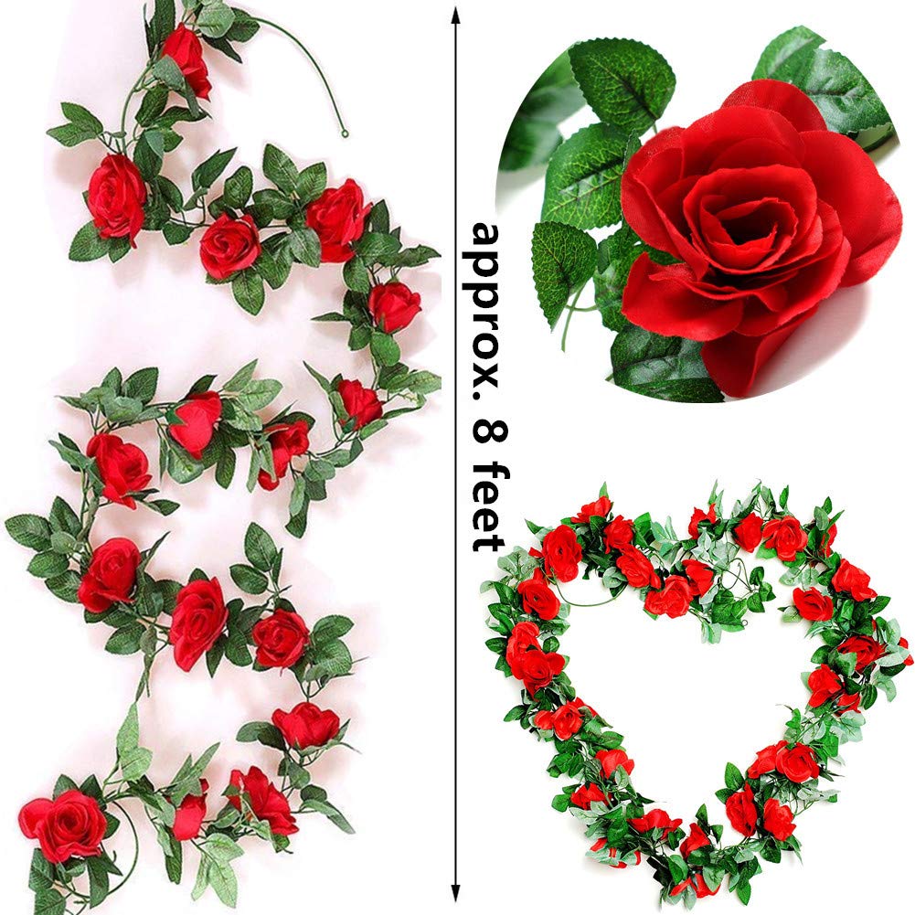 ZWYOQI 16 FT Fake Rose Vine Garland Artificial Flowers Plants Hanging Rose Ivy Home Hotel Office Wedding Party Garden Décor (Red/2PCS)