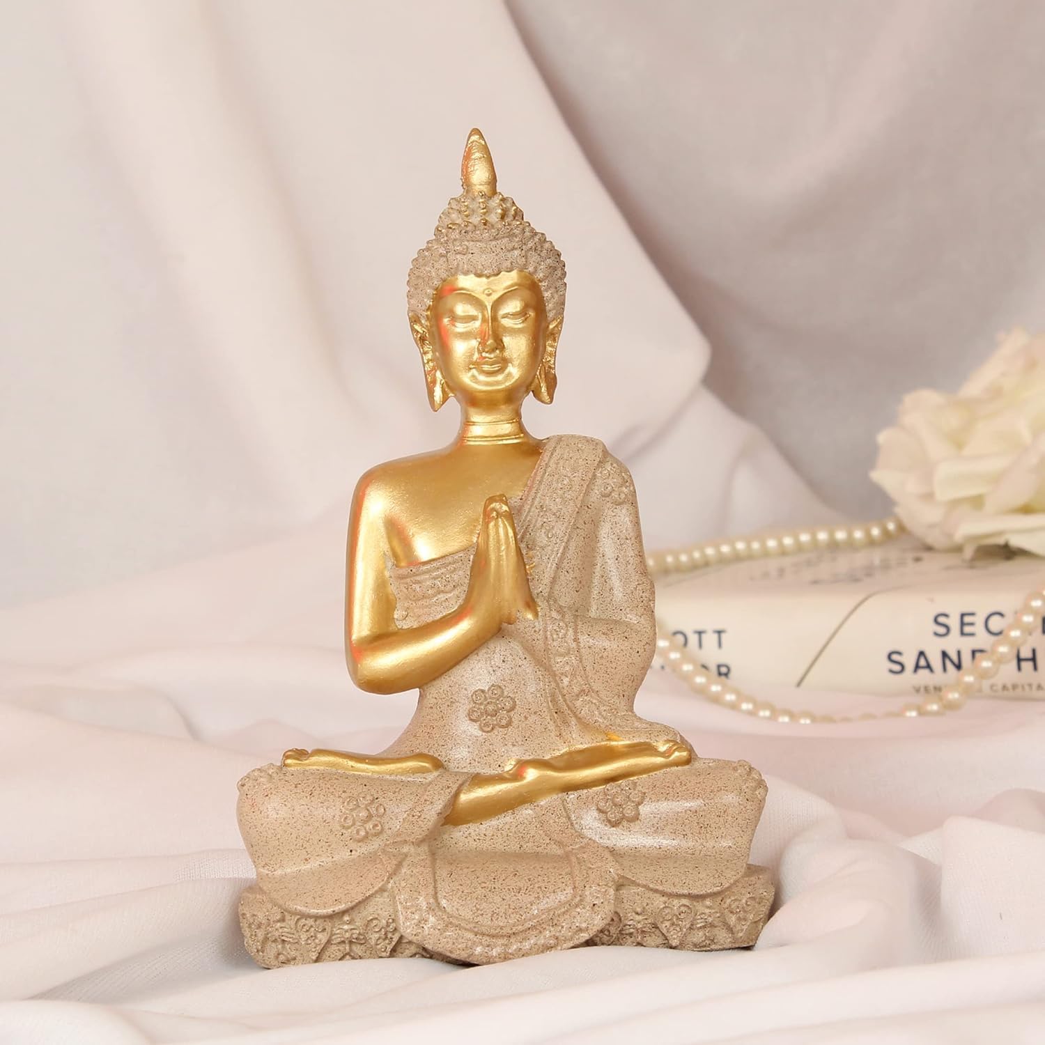 TIED RIBBONS 6.5" Buddha Statue | Resin, Golden | Buddha Decor for Living Room, Zen Garden, Table Decor, Feng Shui Decoration, Spiritual Décor | Buddha Statue Indoor, Buddah Gift