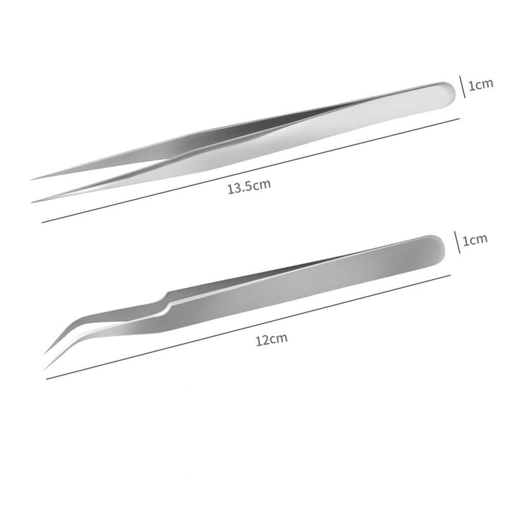 2Pcs Professional Stainless Steel Nail Art Tweezers Curved Straight Tip False Eyelash Extension Nippers Clip Tweezers Set for Nail Art Sticker Rhinestone Eyelash Picker Nail Design Beauty Tool, Silver