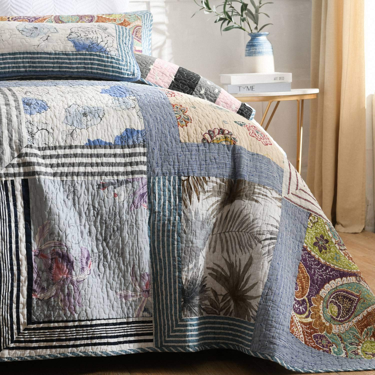 NEWLAKE Bedspread Quilt Set with Real Stitched Embroidery, Floral Paisley Grid Pattern,Queen Size